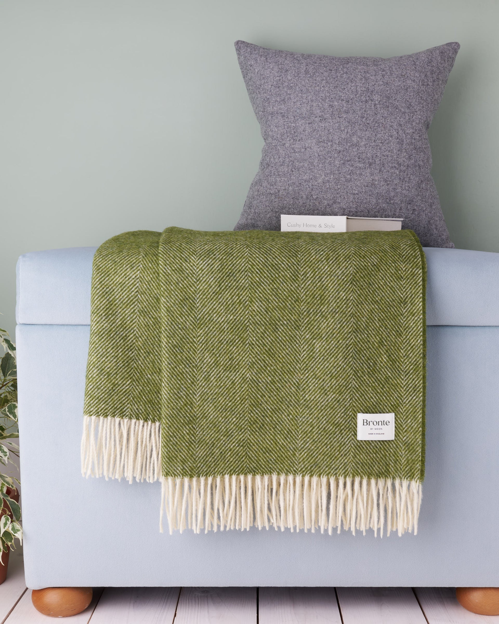 Bronte by Moon - Apple Green Herringbone Shetland Wool Blanket Throw